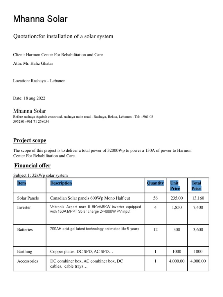 Quotation Harmon Center For Rehabilitation and Care | PDF | Photovoltaics | Power Inverter