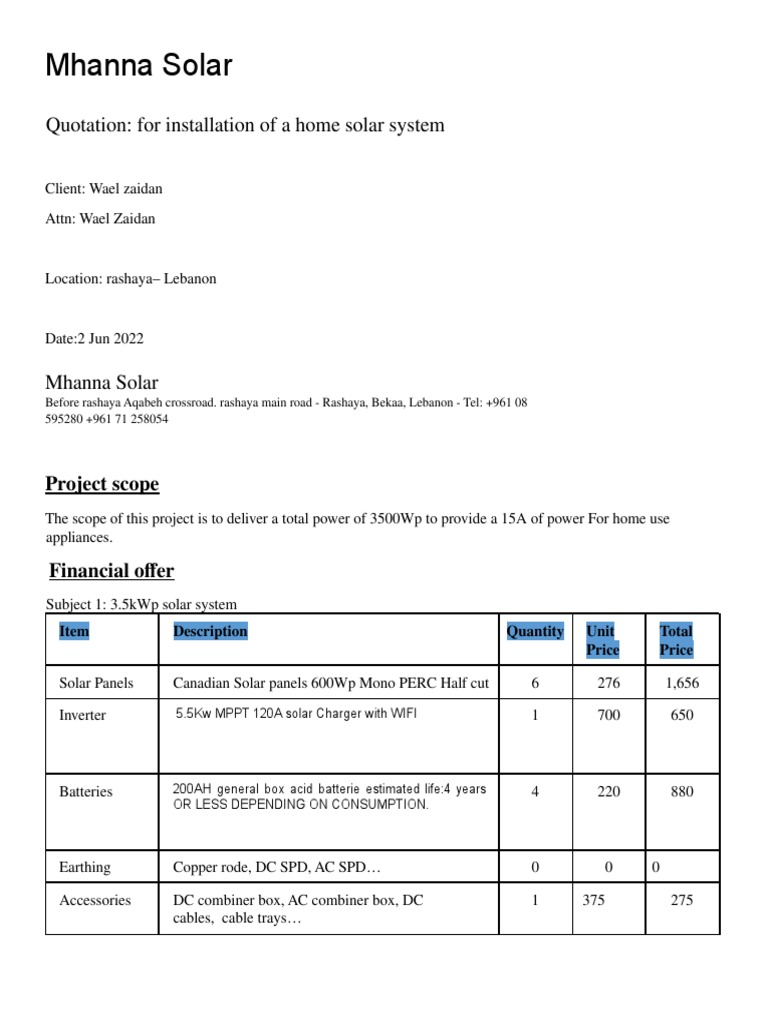 Mhanna Solar: Quotation: For Installation of A Home Solar System | PDF ...