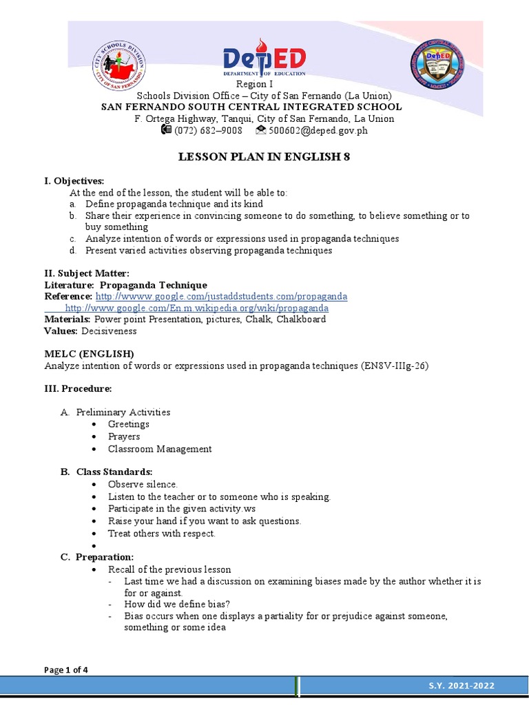 English 8 Lesson Plan: Propaganda Techniques | PDF | Propaganda ...