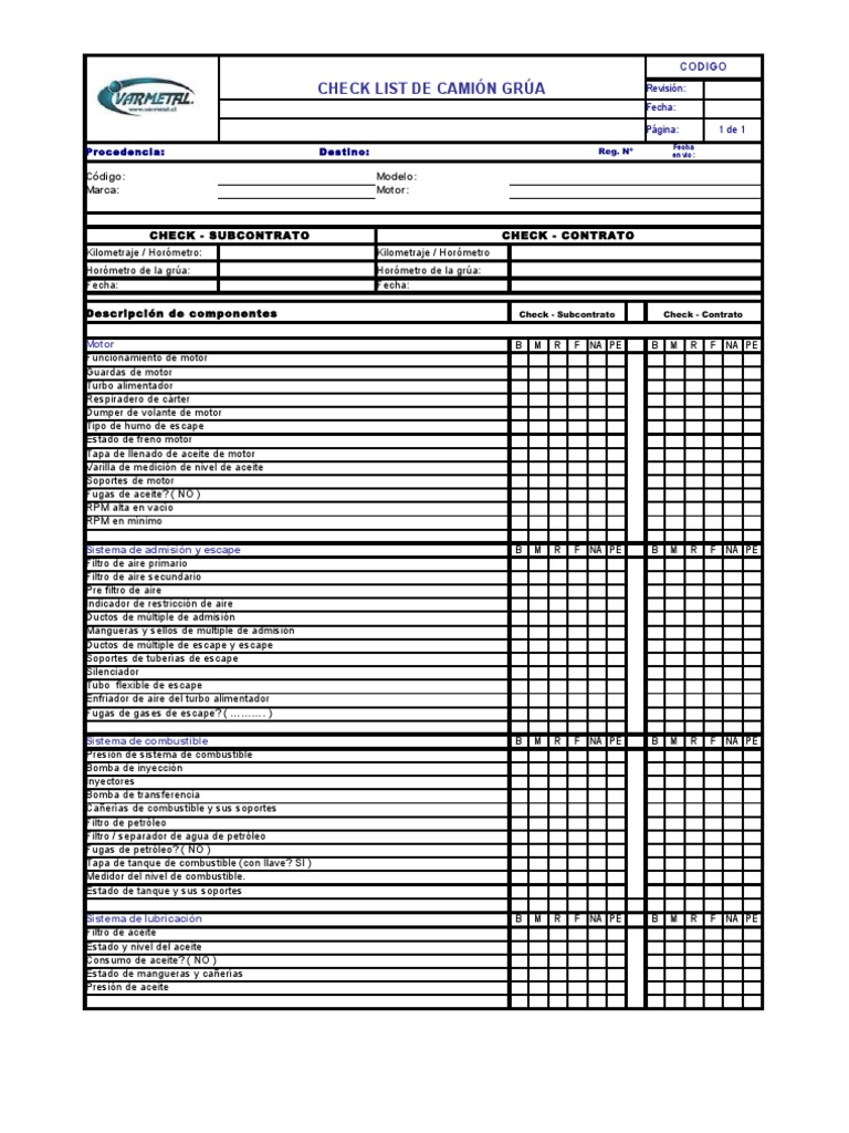 Check List de Camiones Grua