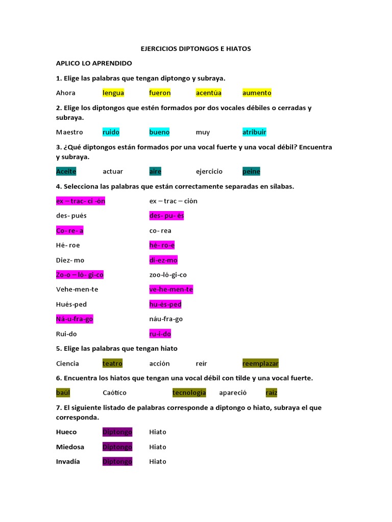 Ejercicios Diptongos e Hiatos | PDF
