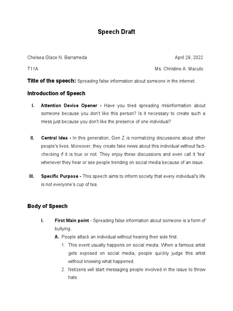 Speech Draft: Title of The Speech: Introduction of Speech | PDF ...