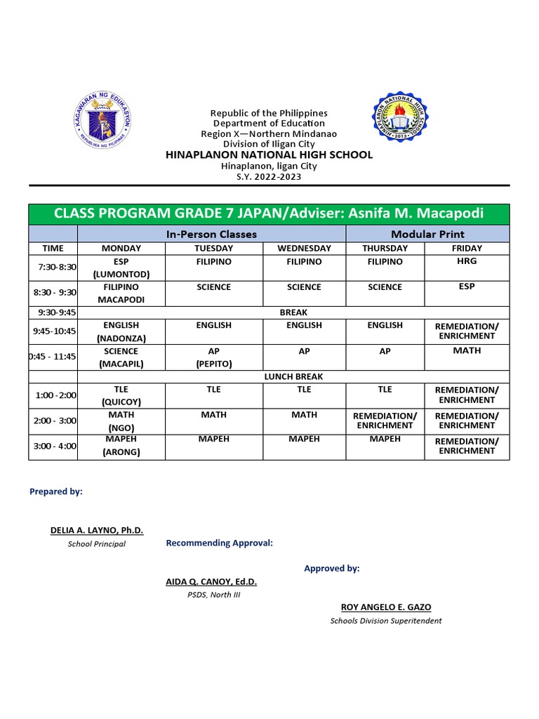 CLASS PROGRAM GRADE 7 JAPAN/Adviser: Asnifa M. Macapodi: Hinaplanon ...