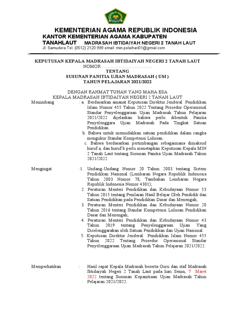 SK Panitia Ujian Madrasah 2022 | PDF