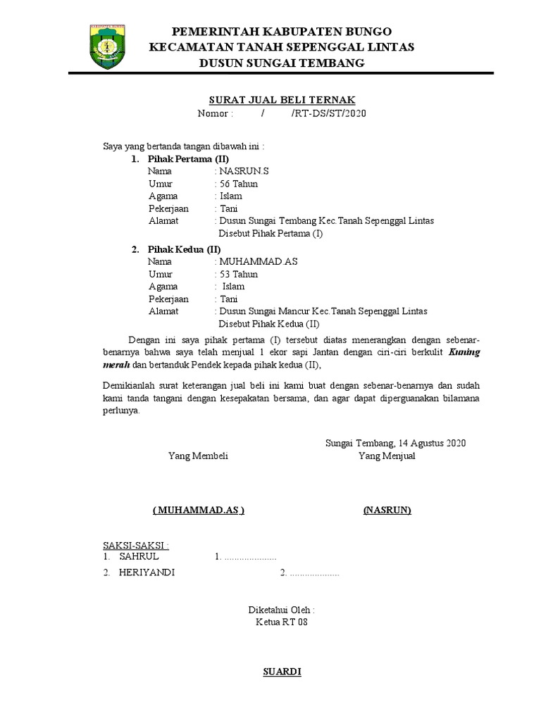 Surat Jual Beli Sapi | PDF