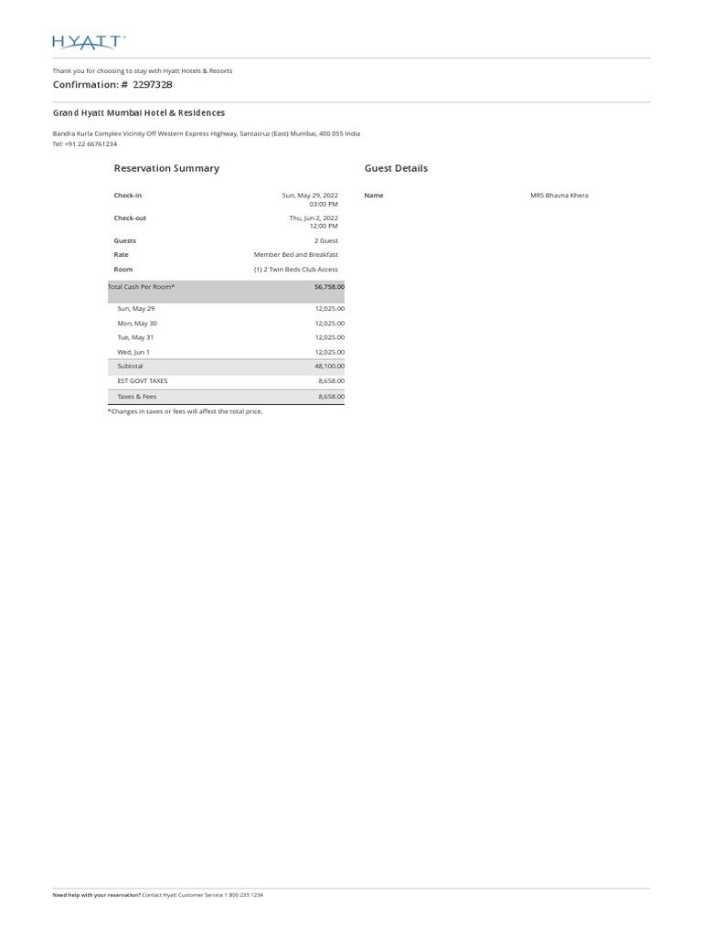 Confirmation: # 2297328: Grand Hyatt Mumbai Hotel & Residences | PDF