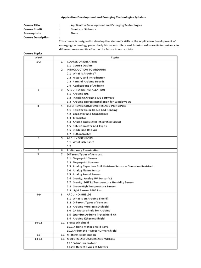 Application Development and Emerging Technologies Syllabus | PDF | Arduino | Electrical Engineering