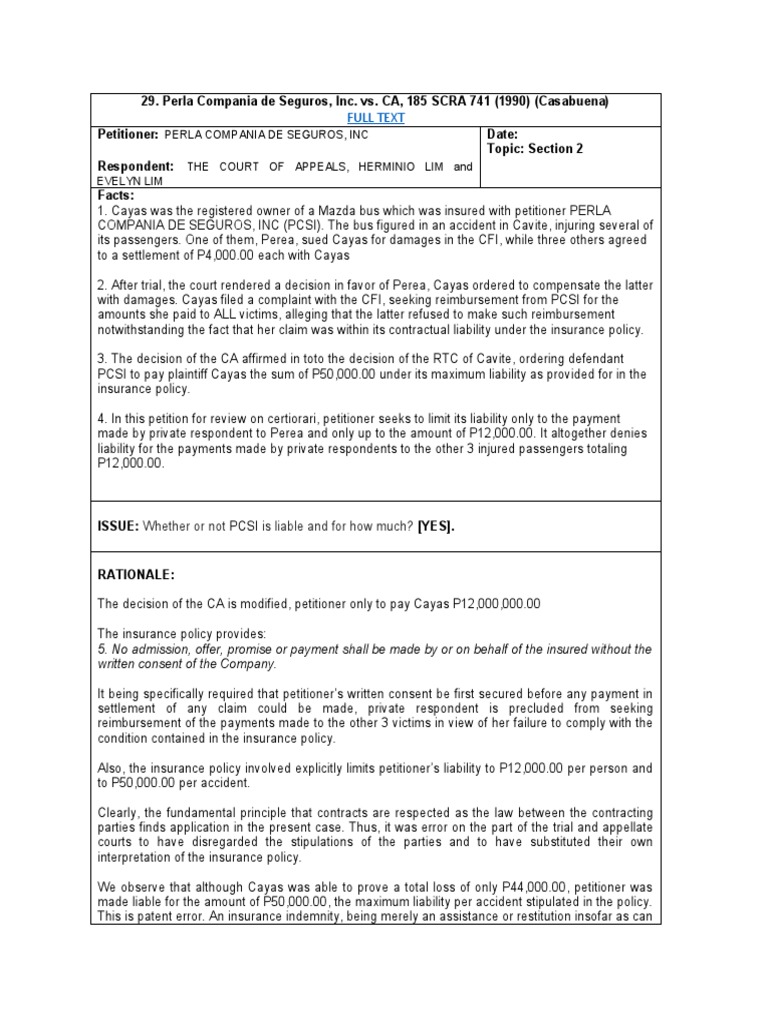 Perla Compania de Seguros, Inc. vs. CA, 185 SCRA 741 (1990) | PDF ...