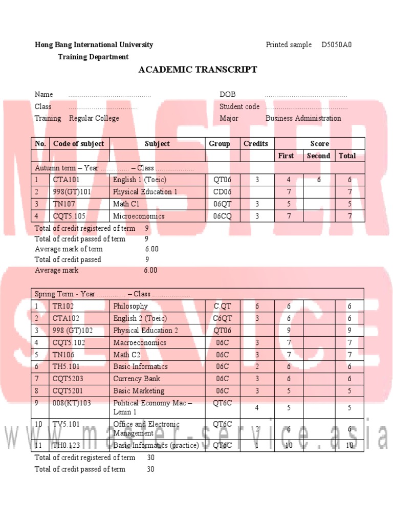 Academic Transcript: Hong Bang International University Training ...