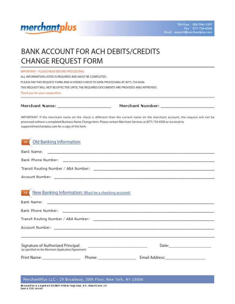 ACH Bank Change Request Form | PDF | Business | Finance & Money Management