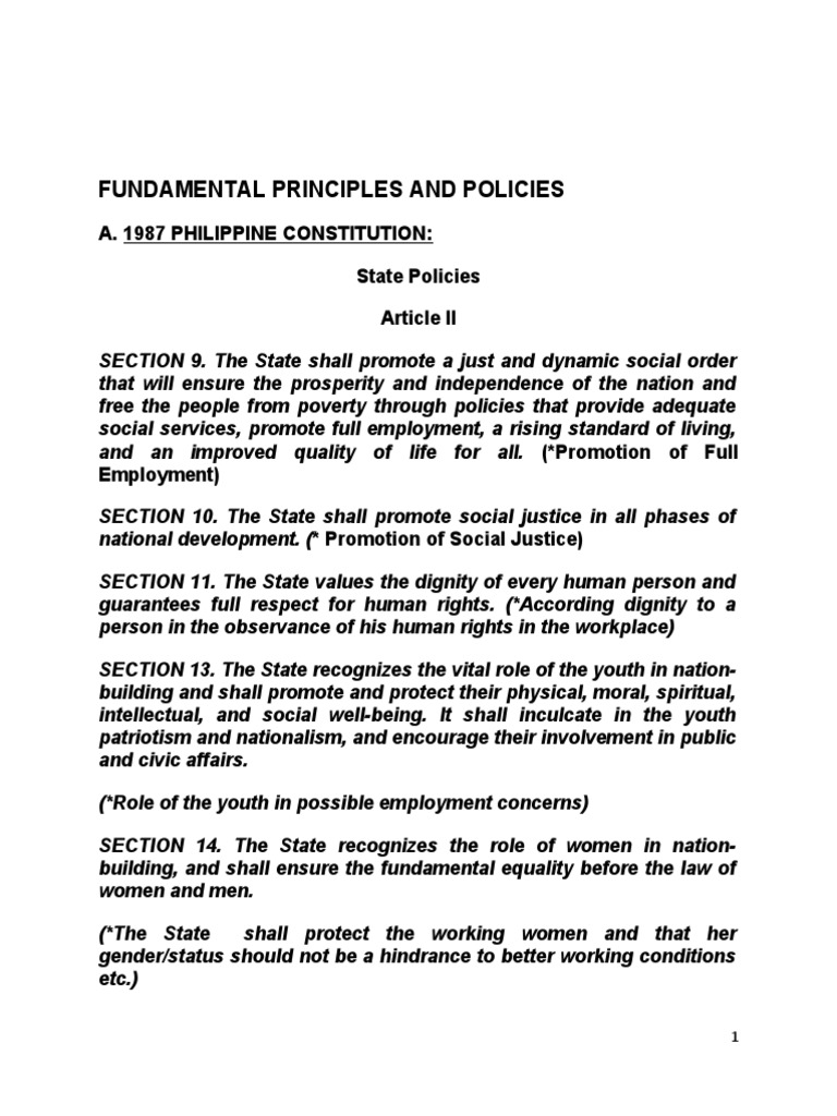Fundamental Principles and Policies: A. 1987 Philippine Constitution: State Policies Article II ...
