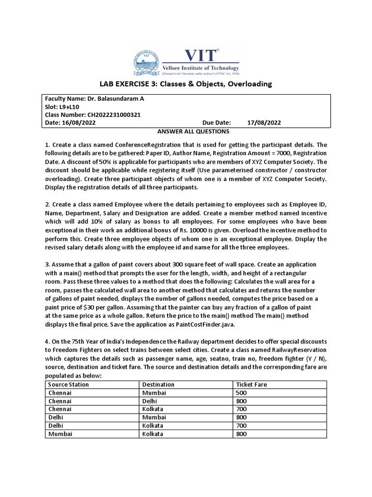 LAB EXERCISE 3: Classes & Objects, Overloading | PDF