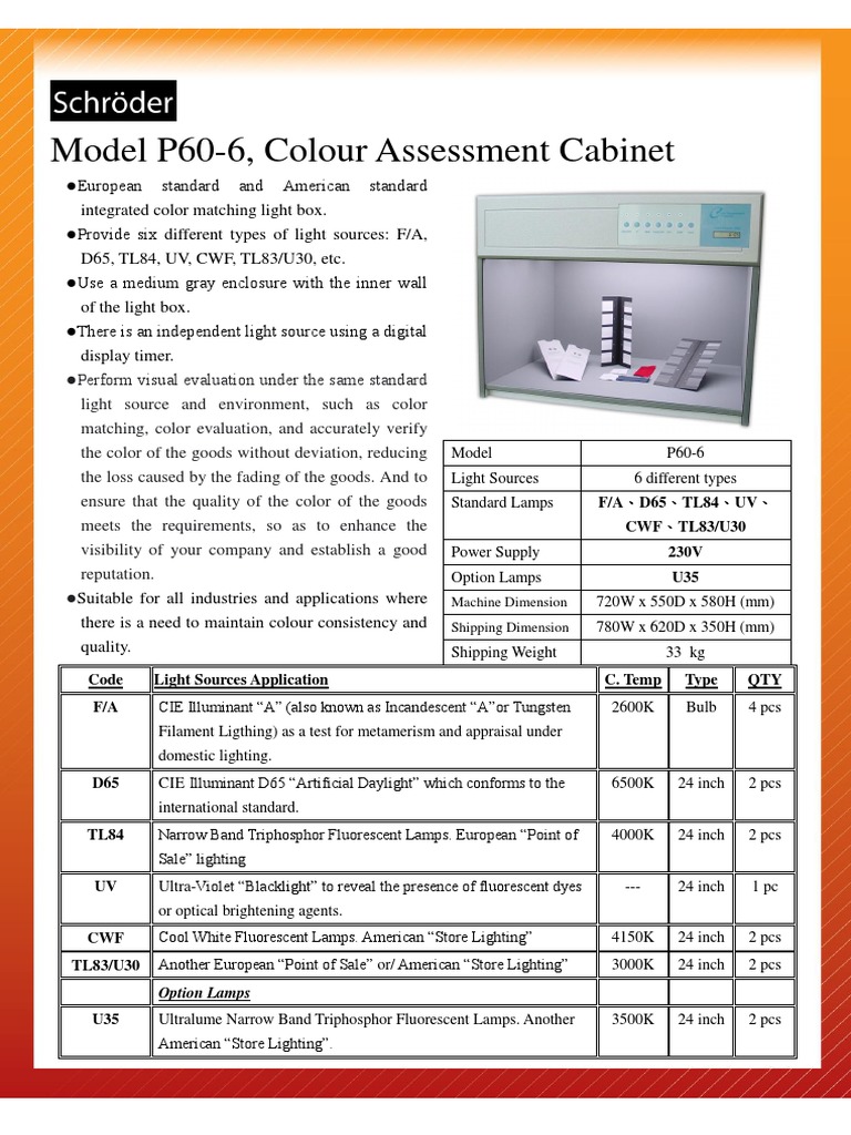 Model P60-6, Colour Assessment Cabinet: F/A、D65、TL84、UV、 CWF、TL83/U30 230V U35 | Download Free ...