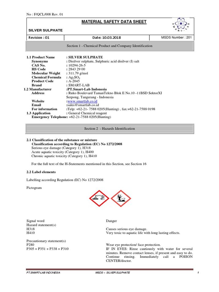 Revision: 01 Date: 10.03.2018: Material Safety Data Sheet | PDF | Toxicity | Dangerous Goods