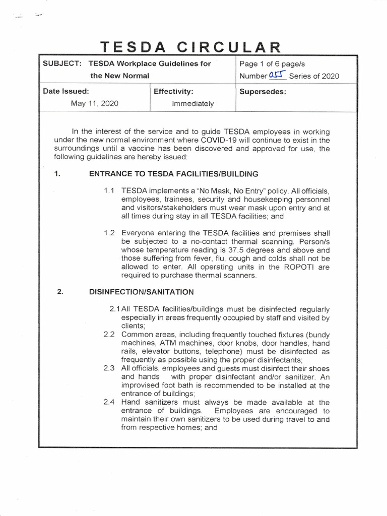 TESDA Circular No. 055-2020 | PDF | Hand Washing | Hygiene TESDA Circular No. 055-2020 | PDF | Hand Washing | Hygiene