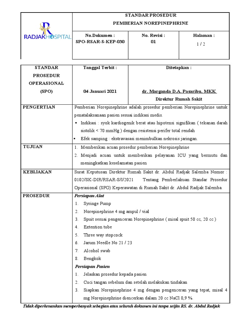 Prosedur Pemberian Norepinephrine | PDF