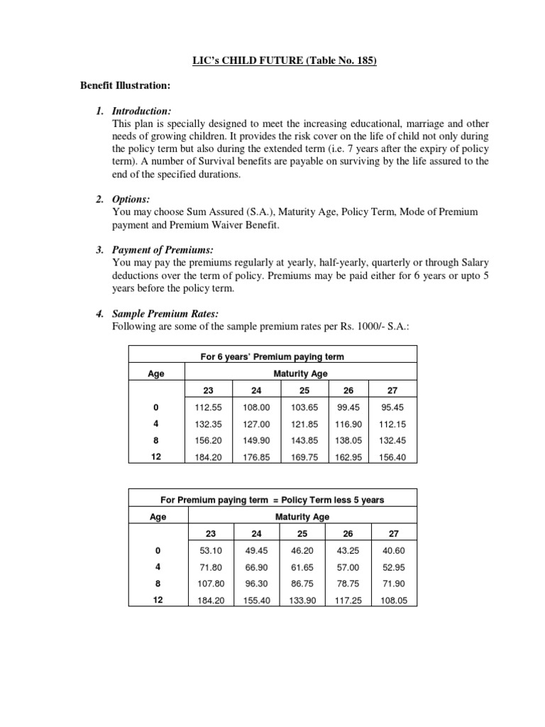 LIC's CHILD FUTURE (Table No. 185) Benefit Illustration | PDF ...