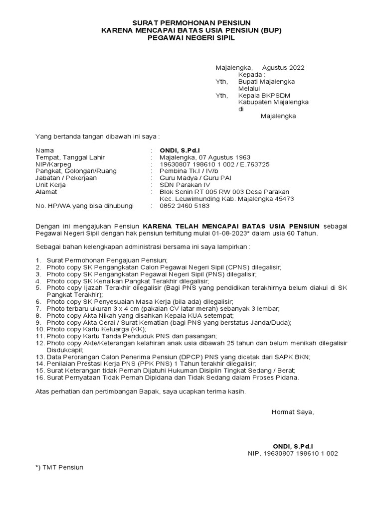 Surat Permohonan Pensiun | PDF