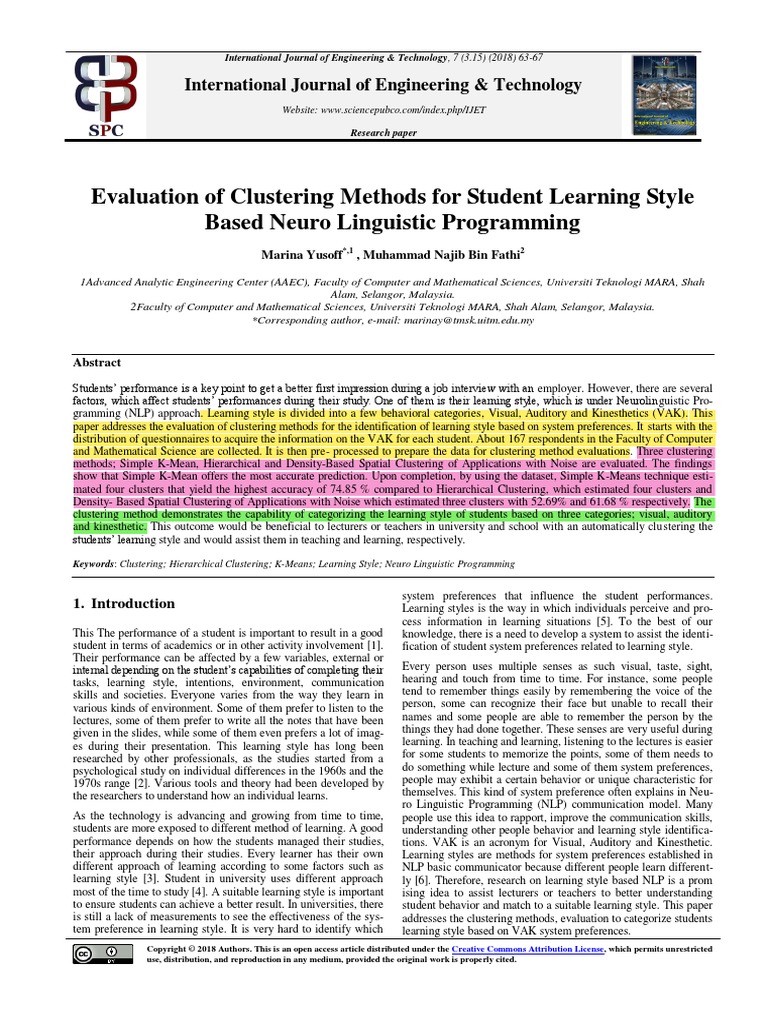 Evaluation of Clustering Methods For Student Learn | PDF | Cluster Analysis | Learning Styles