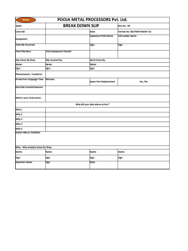 Pooja Metal Processors Pvt. Ltd. Break Down Slip | PDF