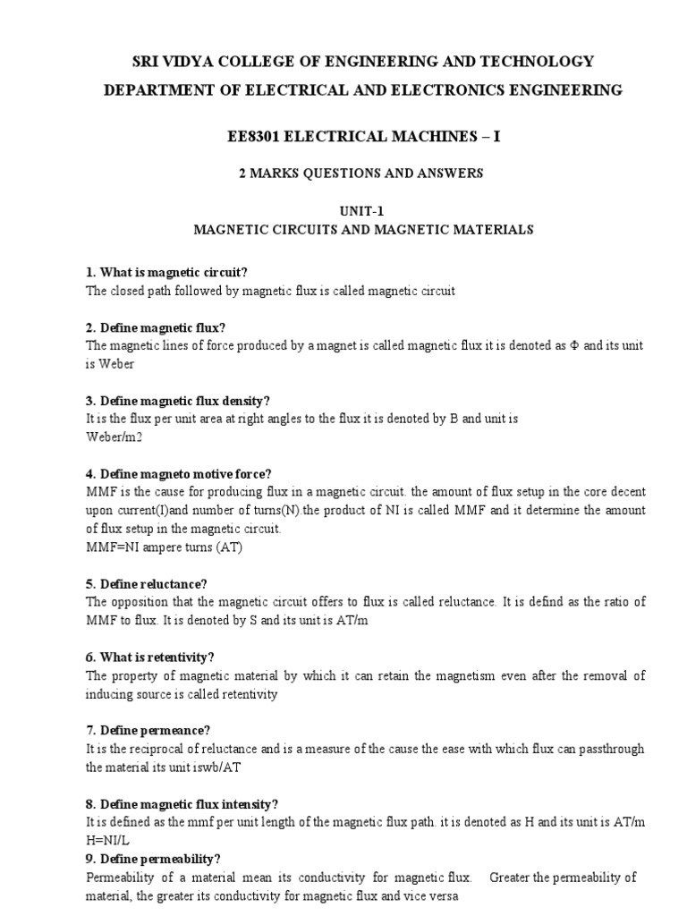 EE8301-Electrical Machines - I QB With Answer | PDF | Transformer | Electromagnetic Induction