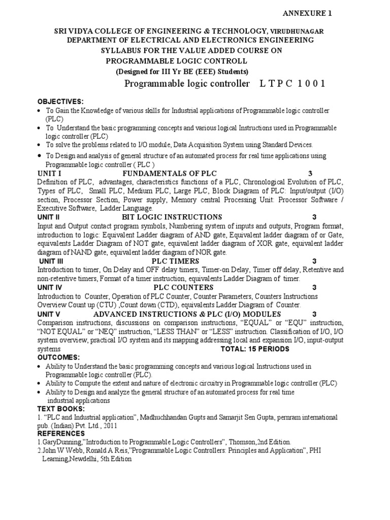Programmable Logic Controller L T P C 1 0 0 1: Department of | PDF ...