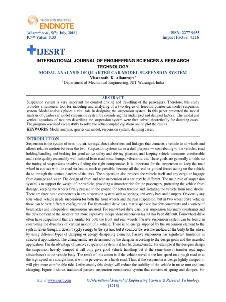 Modal Analysis of Quarter Car Model Susp | PDF | Control Theory ...