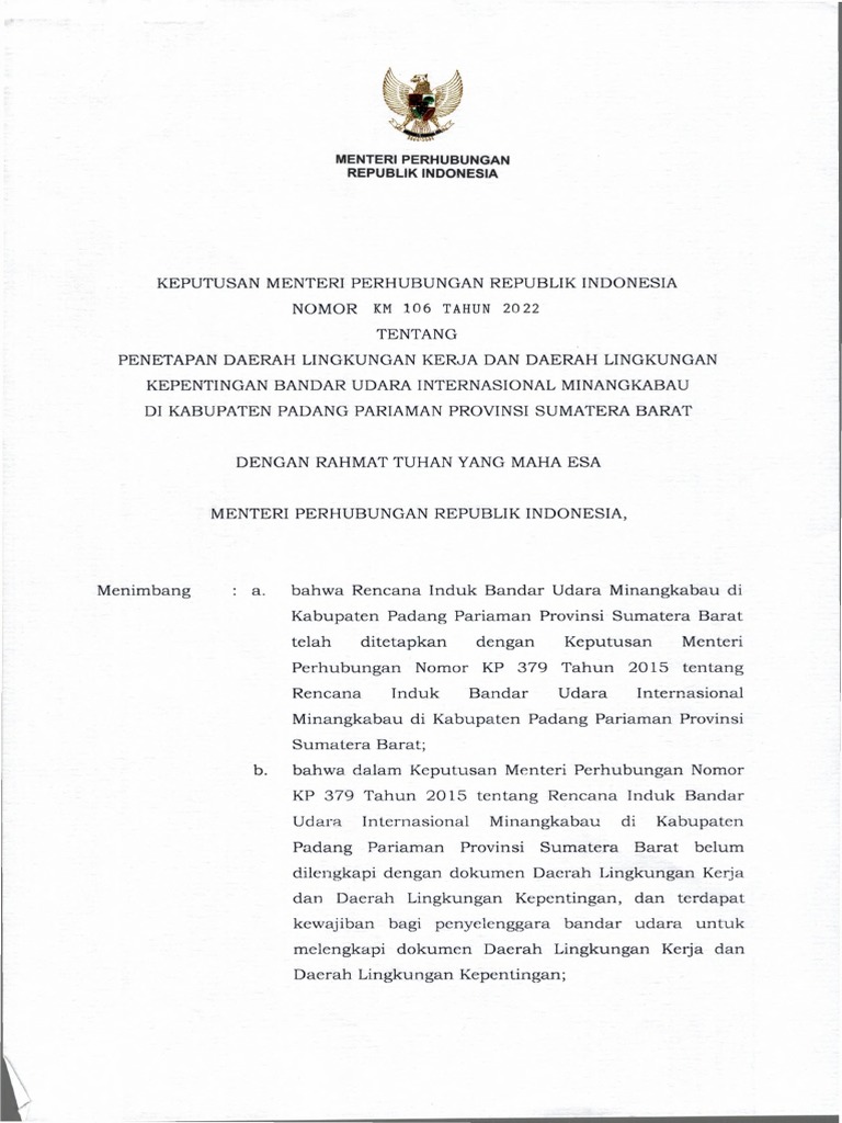 KM 106 Tahun 2022 Penetapan DLKR Dan DLKP Bandara Minangkabau | PDF