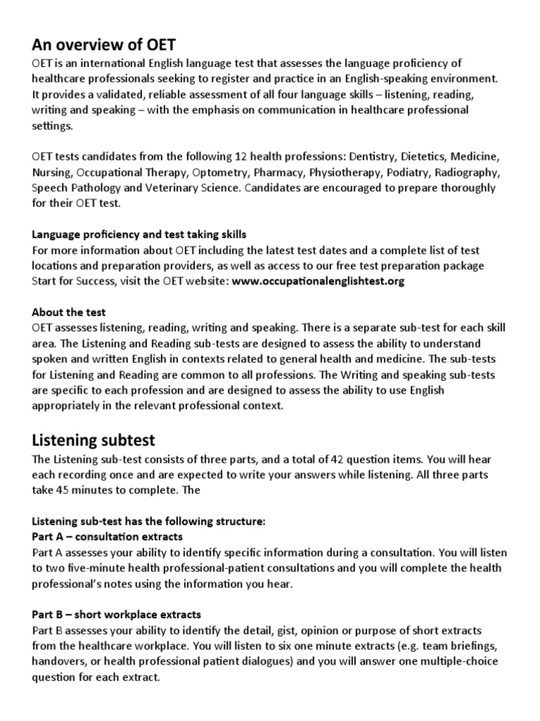 An Overview of OET: Language Proficiency and Test Taking Skills | PDF ...