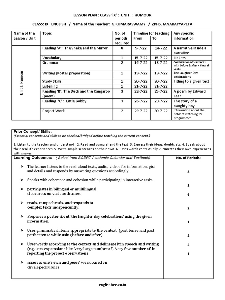 IX Class Lesson Plan For Unit I 22-23 | PDF | Lesson Plan | Teachers