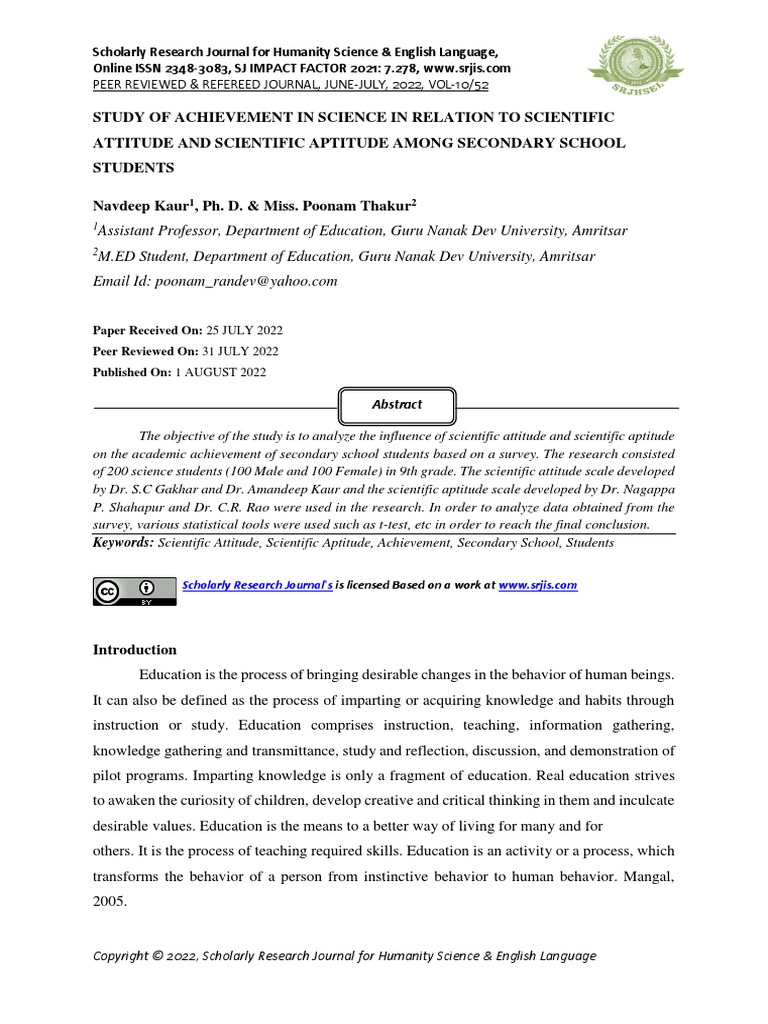 Study of Achievement in Science in Relation To Scientific Attitude and Scientific Aptitude Among ...