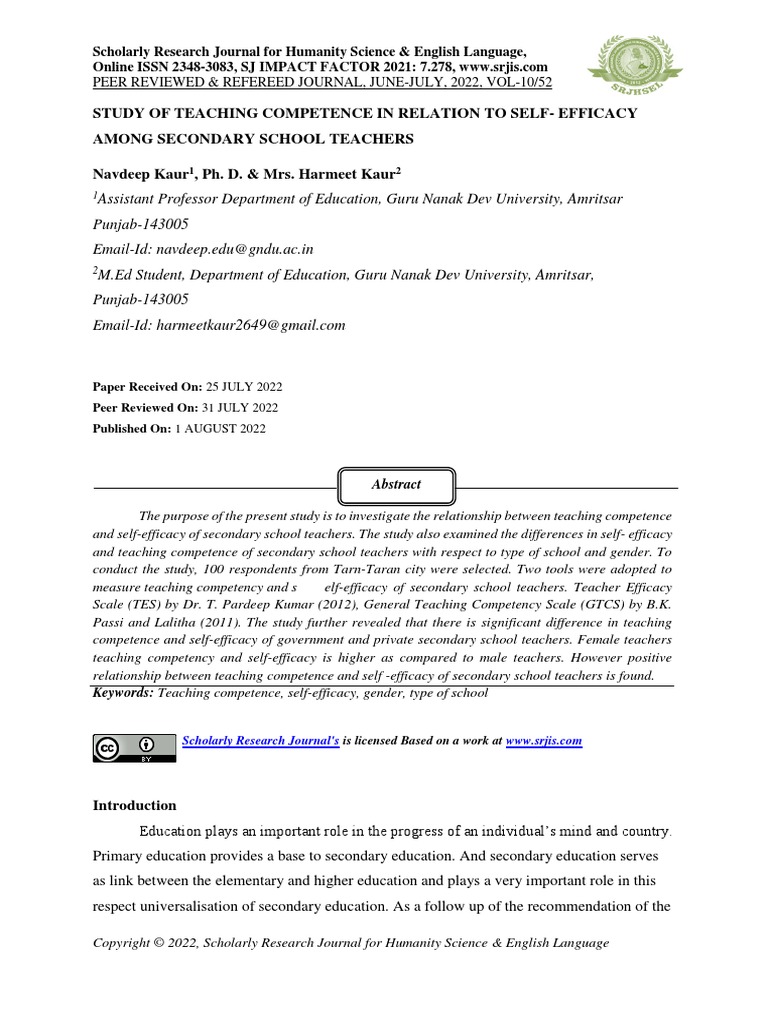 Study of Teaching Competence in Relation To Self - Efficacy Among Secondary School Teachers ...