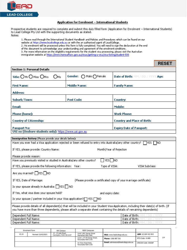 Application for International Study: A Form Seeking Enrolment Details ...