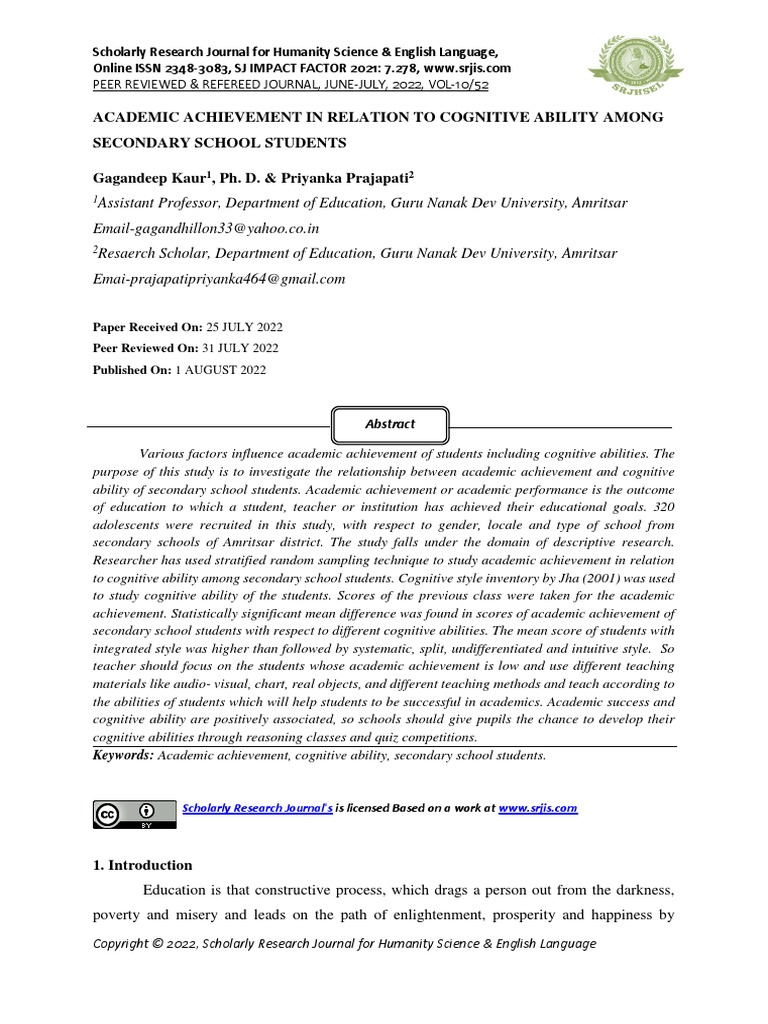 Academic Achievement in Relation To Cognitive Ability Among Secondary School Students | PDF