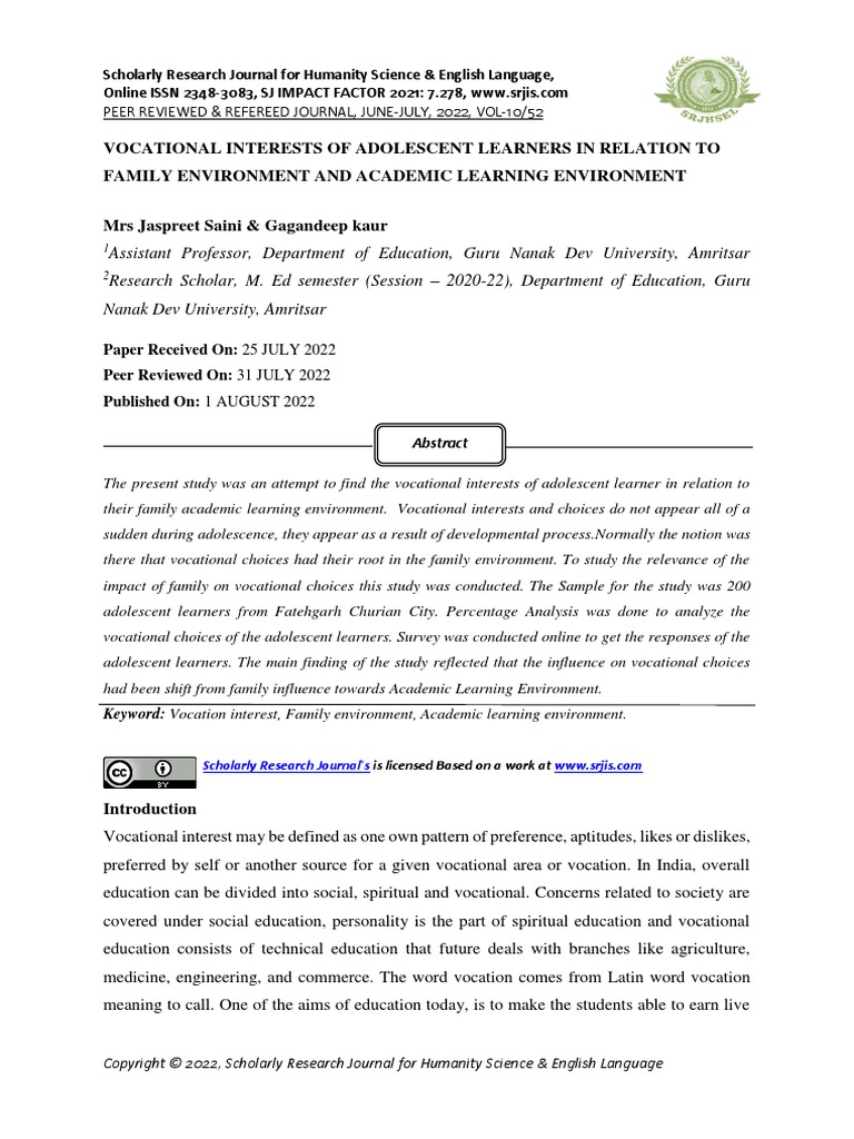 Vocational Interests of Adolescent Learners in Relation To Family ...
