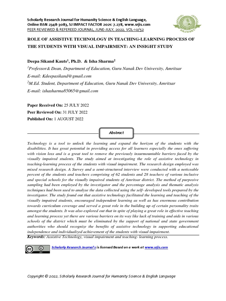 Role of Assistive Technology in Teaching-Learning Process of The Students With Visual Impairment ...