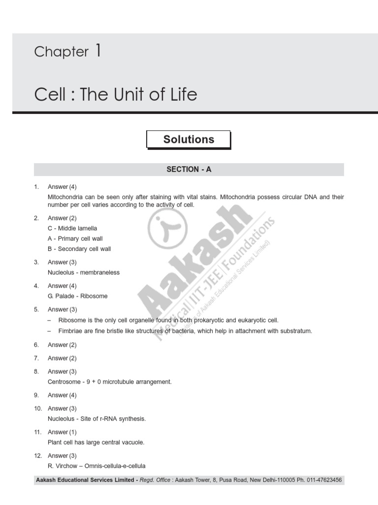 1 Cell: The Unit of Life: Solutions | PDF | Cell (Biology) | Cell Membrane