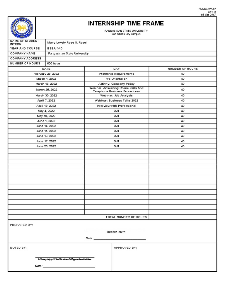 Internship Time Frame: 600 Hours | PDF
