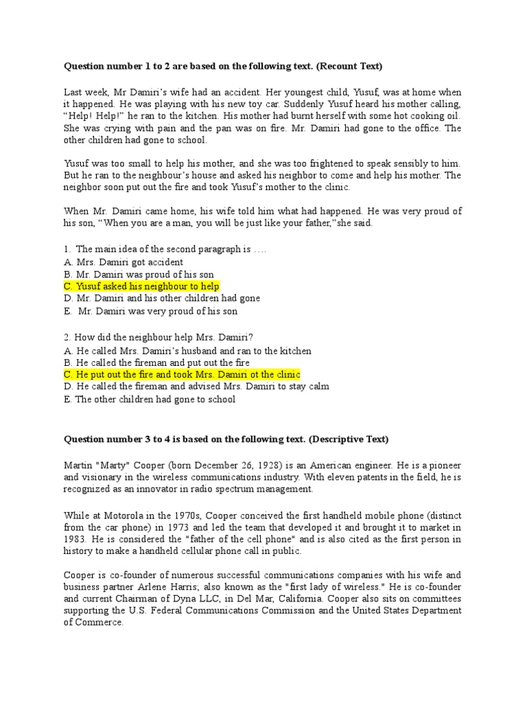 Question Number 1 To 2 Are Based On The Following Text. (Recount Text ...