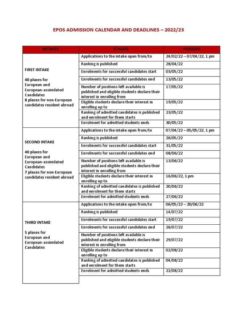 EPOS 2022-23 Admissions CALENDAR and DEADLINES | PDF | Educational Stages | Qualifications