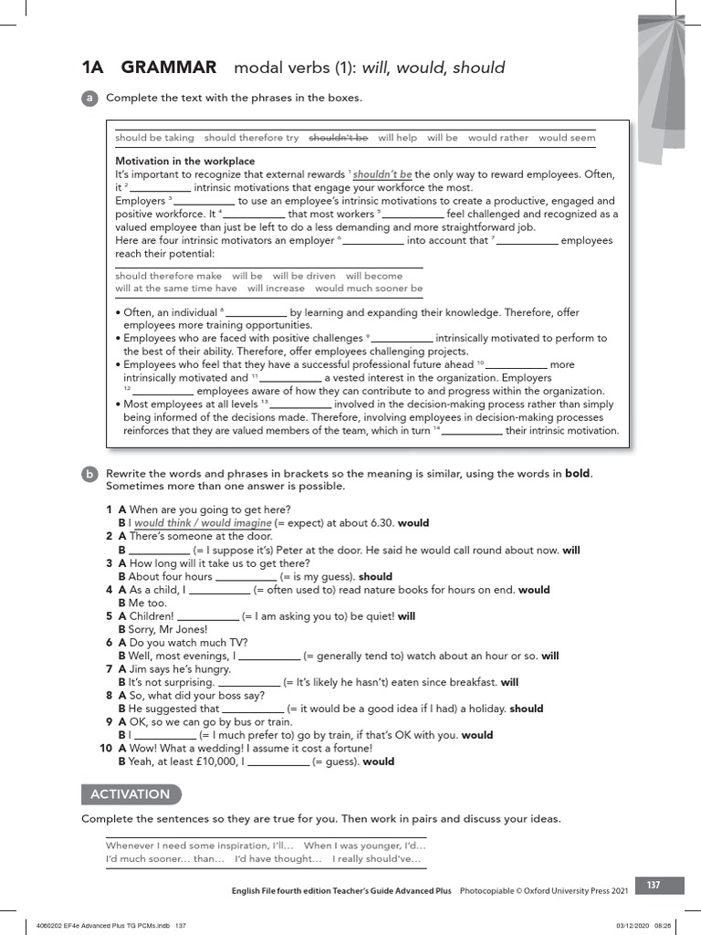 EF4e Adv Plus TG PCM Grammar 1A | PDF | Motivational | Motivation