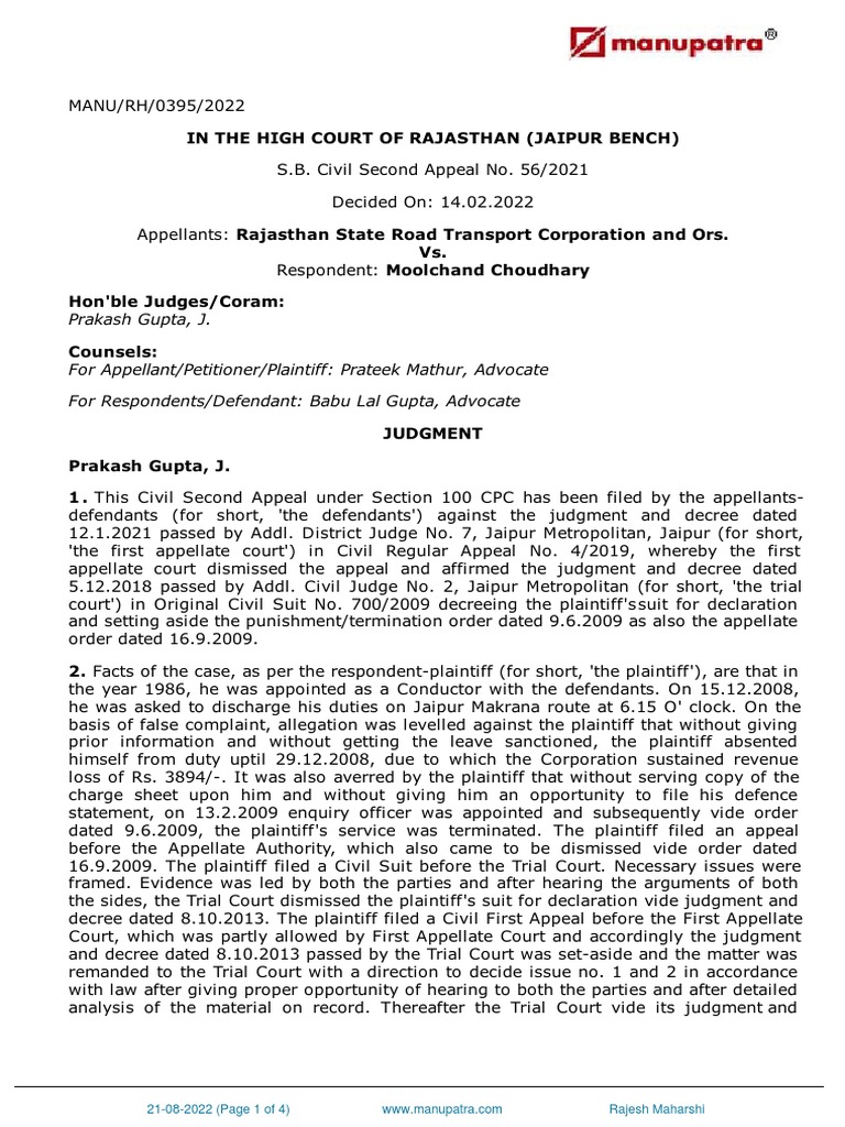 Rajasthan State Road Transport Corporation and OrsRH2022070322164026220COM621117 | PDF | Lawsuit ...
