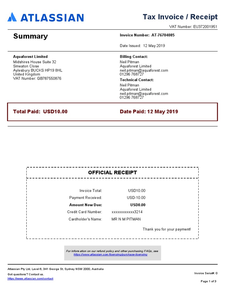 Tax Invoice / Receipt: Total Paid: USD10.00 Date Paid: 12 May 2019 ...