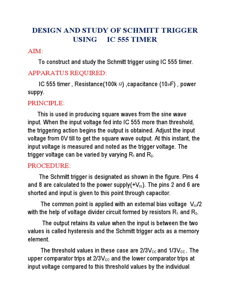 Design and Study of Schmitt Trigger Using Ic 555 Timer: Aim: Apparatus Required | PDF ...