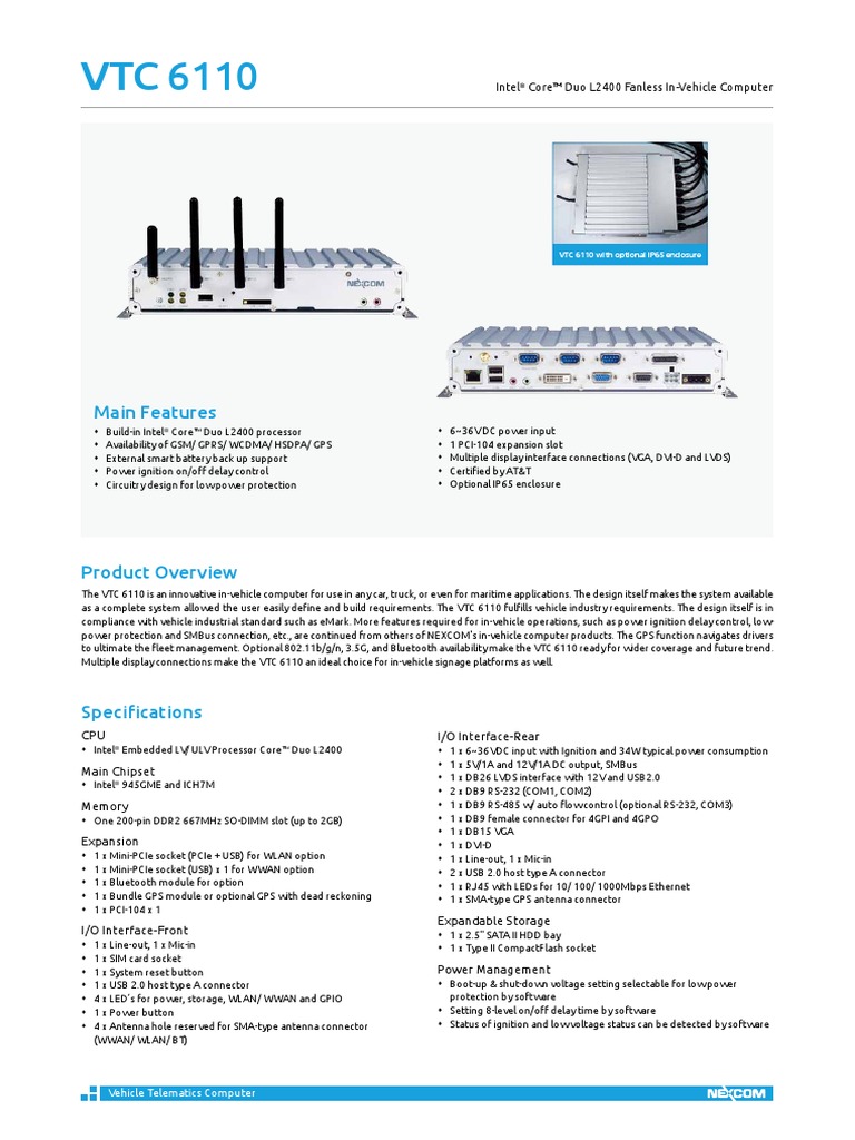 Main Features: Intel Core™ Duo L2400 Fanless In-Vehicle Computer | PDF ...