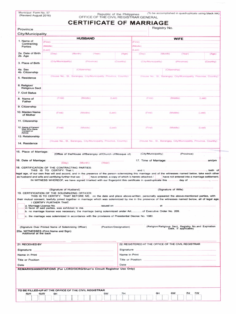 Muncipal Form No. 97 Rewised August 2016 - Certificate of Marriage | PDF