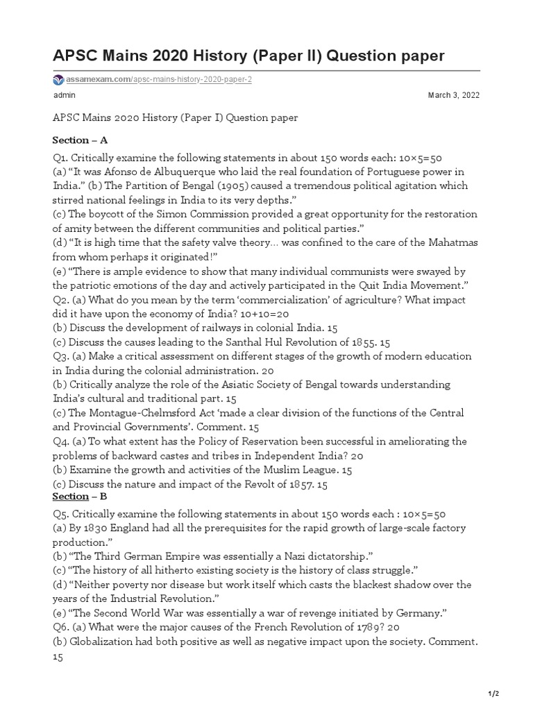 APSC Mains 2020 History Paper II Question Paper | PDF | International ...