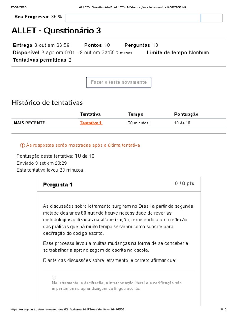 ALLET - Questionário 3 - ALLET - Alfabetização e Letramento - DQR20S2M3 ...