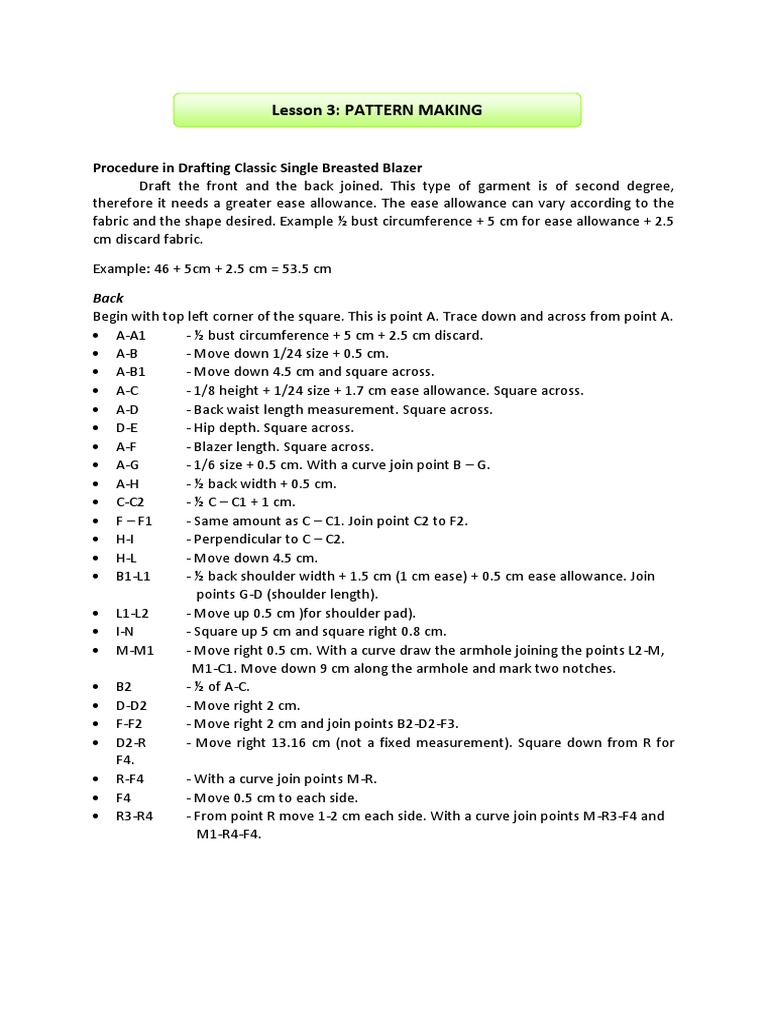 Lesson 3: Pattern Making: Procedure in Drafting Classic Single Breasted Blazer | PDF | Fashion ...