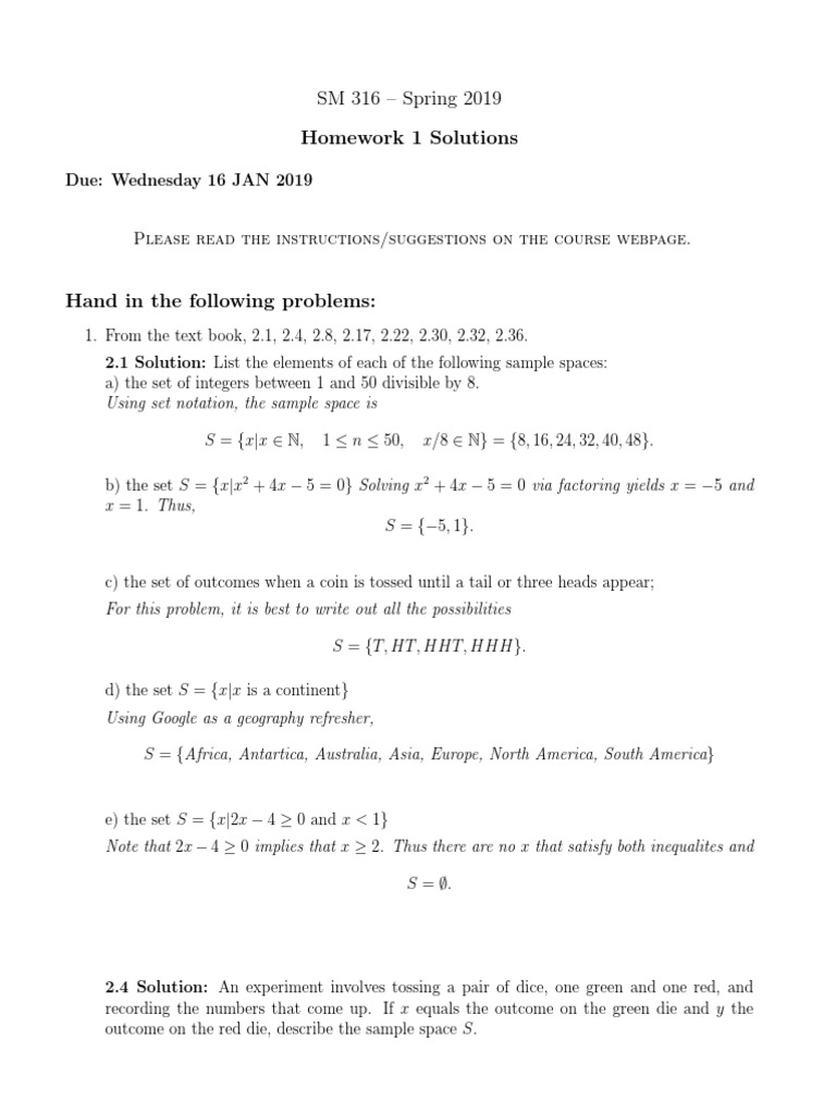 SM 316 - Spring 2019 Homework 1 Solutions | PDF | Mathematics | Mathematical Concepts
